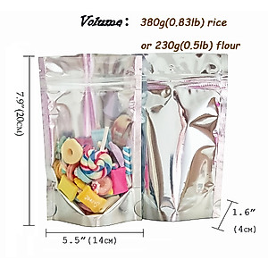 Couga Mall 100 PCS Airtight Zipper Stand Up Pouch Bag, Reusable Packing Storage Package Bag with Clear Front Aluminum Foil Back for Storing Snacks, Beans, Seeds & Food (5.5"7.9")