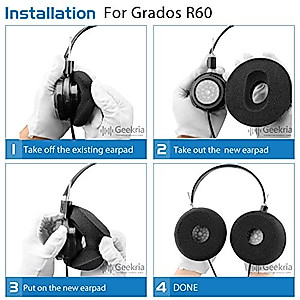 Geekria Comfort Foam Replacement Ear Pads for GRADO PS1000, GS1000i, RS1i, RS2i, SR325IS, GW100x Headphones Ear Cushions, Headset Earpads, Ear Cups Repair Parts (Black)