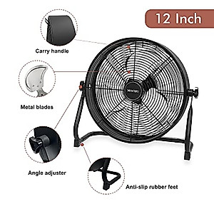 MOCIFI 12 Inch High Velocity Rechargeable Floor Fan with Metal Blade 12-Speed Portable Powered Operated Fan for Home, Travel, Commercial, Residential, Outdoor Indoor Use, Black
