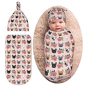 French Bulldog Dog Baby Stuff Swaddle Blanket Flower Newborn Baby Swaddles Wrap Soft Transition Sleep Sacks Stretchy with Hat Gifts for Boy Girl Infant