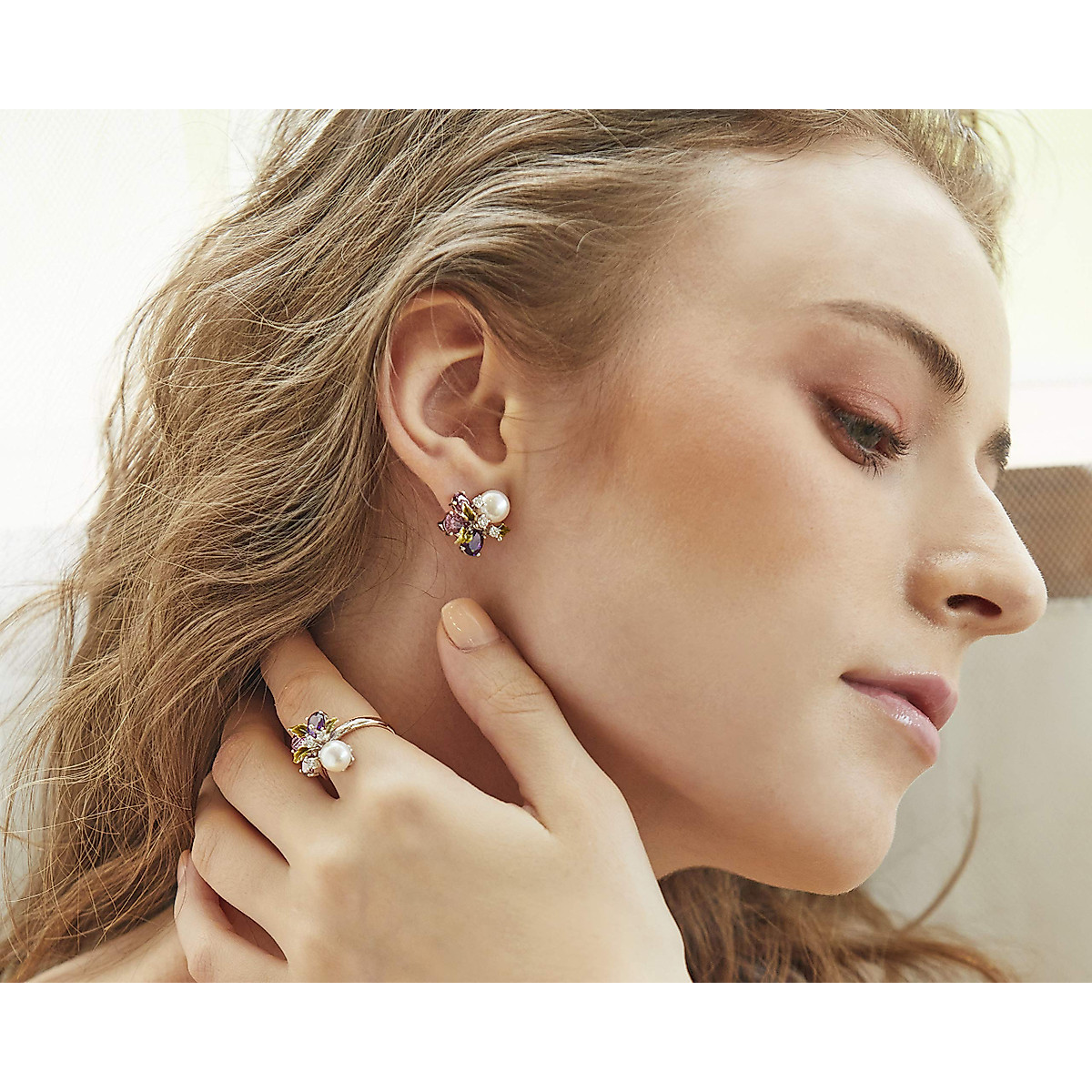 Anthia Jewelry Womens Sterling Silver Sparkling Multicolor Cubic Zirconia Gemstone Floral Flower White Imitation Pearl Cute Fashion Jewelry Accessory French Back Stud Earrings, Purple & Pink