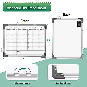 Dry Erase Whiteboard Calendar for Wall, 16" x 12" Magnetic White Board Dry Erase Calendar Monthly Planner Memo Hanging Double-Sided Board, Portable Board for Home, School, Office, Kitchen (White)
