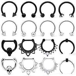 Hoeudjo Septum Clicker Rings 16G Surgical Steel Nose Hoop Rings Retainer Body Piercing Jewelry with Clear CZ Women Men Skull Daith Helix Tragus Lip Cartilage Earrings 16 Pieces Silver Black