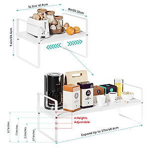 jkxoo 2Pack Expandable Cabinet Shelf Organizers, Stackable Metal Cabinet Shelves Extender for Kitchen Cabinet Countertop Storage, Adjustable Spices Shelves Rack Stand for Cupboard Pantry, White