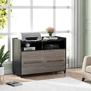 Tribesigns 2 Drawer File Cabinet Rolling Filing Cabinets for Home Office Grey lateral File Cabinet Wood File Cabinet for Letter Size, Printer Stand with Rolling Wheel and Open Storage Shelves