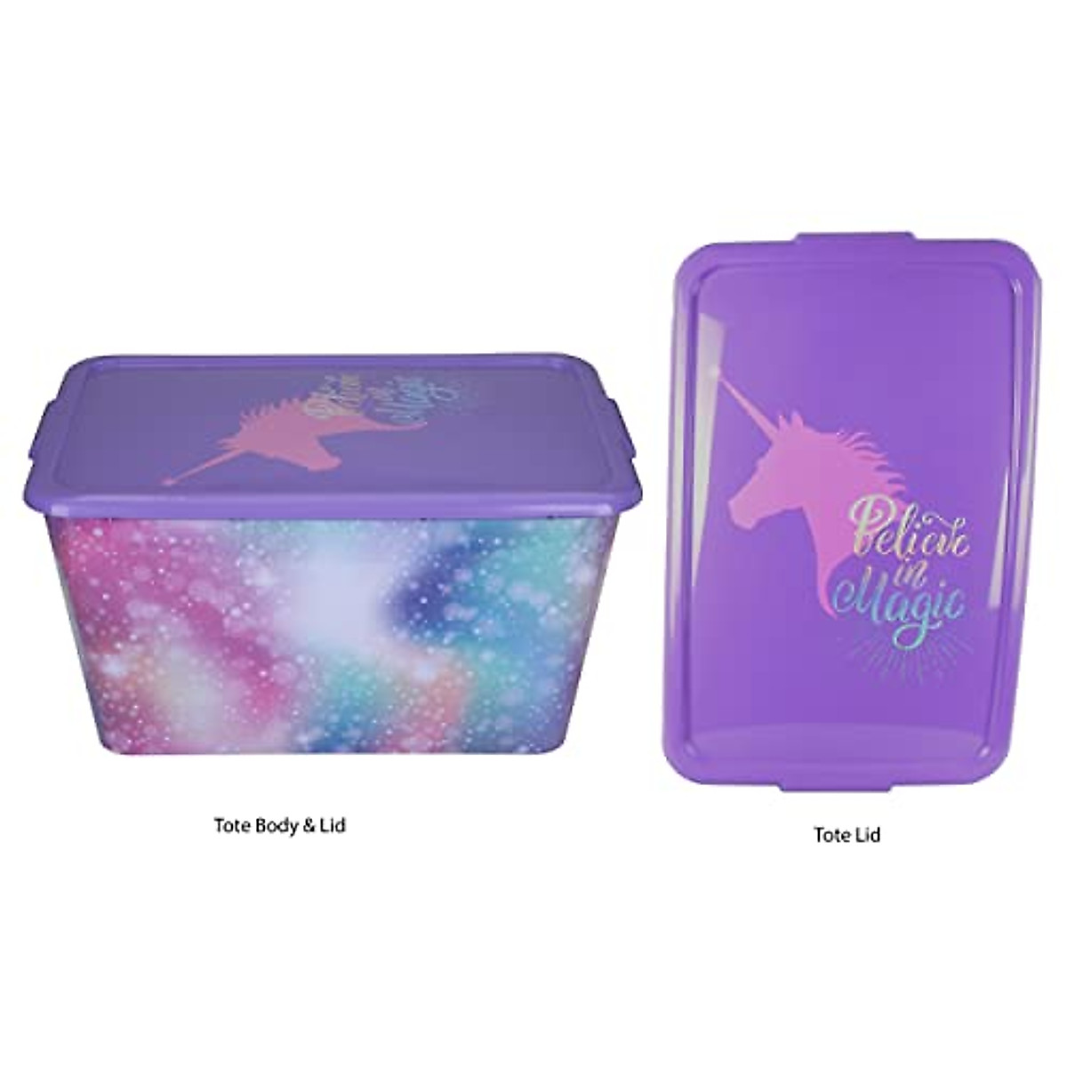 SIMPLYKLEEN 14.5-gal. Plastic Storage Containers with Rainbow Unicorn Print Lids, Reusable Stacking StorageChest for Girls, (4 Pack) Made in the USA