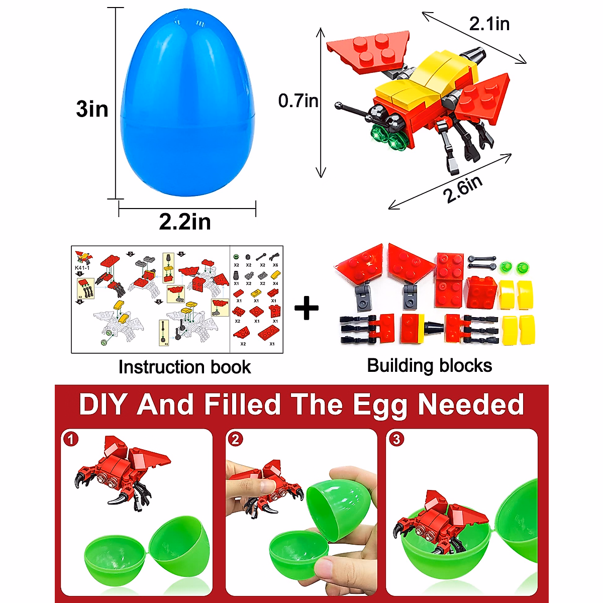 12 Pack 3" Large Easter Eggs Filled Stem Building Toys Easter Basket Stuffers 6 in 1 Transform Animal Building Blocks Easter Party Favors Gifts for Kids Toddlers Boys Girls Teens Easter Eggs Hunt