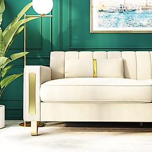 Couch 85.62" 3 Seats Sectional Velvet Fabric Sofa Easy Assemble Sofa Bed with 2 Couch Pillows,Gold Metal Legs for Living Room (P17, 2 PCS Beige)