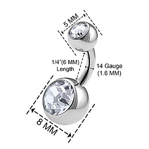 2PCS 316L Surgical Steel Short Belly Button Rings Studs 14 Gauge 1/4 6mm Emerald Crystal Balls Navel Jewelry 0570