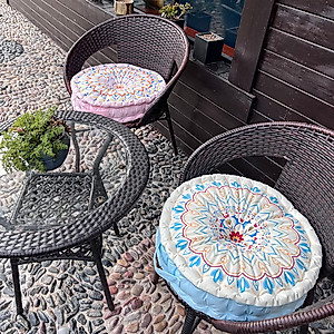 vctops Boho Print Round Chair Pad with Handle Soft Velvet Chiar Cushion Floral Pattern Thicken Seat Cushion for Dining Chairs, Office Chairs, Hardwood Floors (Blue A,16"x16")