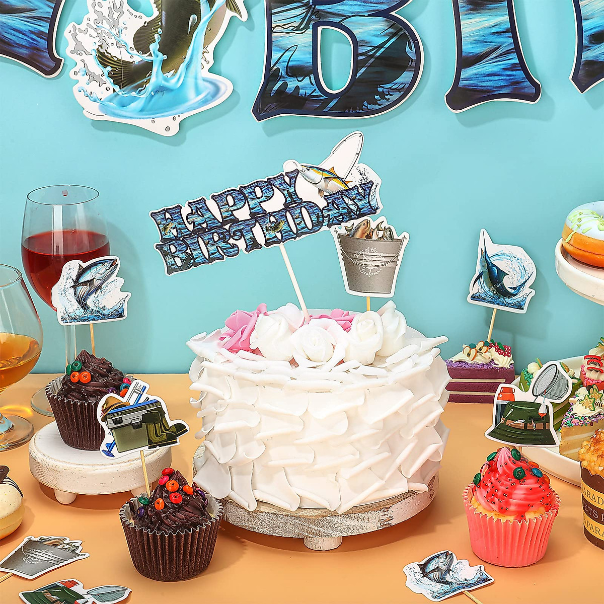 Geosar 50 Pcs Fish Happy Birthday Banner Gone Fishing Party Decorations Fisherman Cake Toppers Gone Fishing Party Supplies for Men Boys Fishing Themed Party