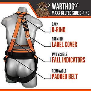 Malta Dynamics Warthog MAXX Side D-Ring Fall Protection Safety Harness with Removable Safety Belt, Full Body Harness for Construction, Safety and Protection - OSHA/ANSI Compliant, (L-XL)