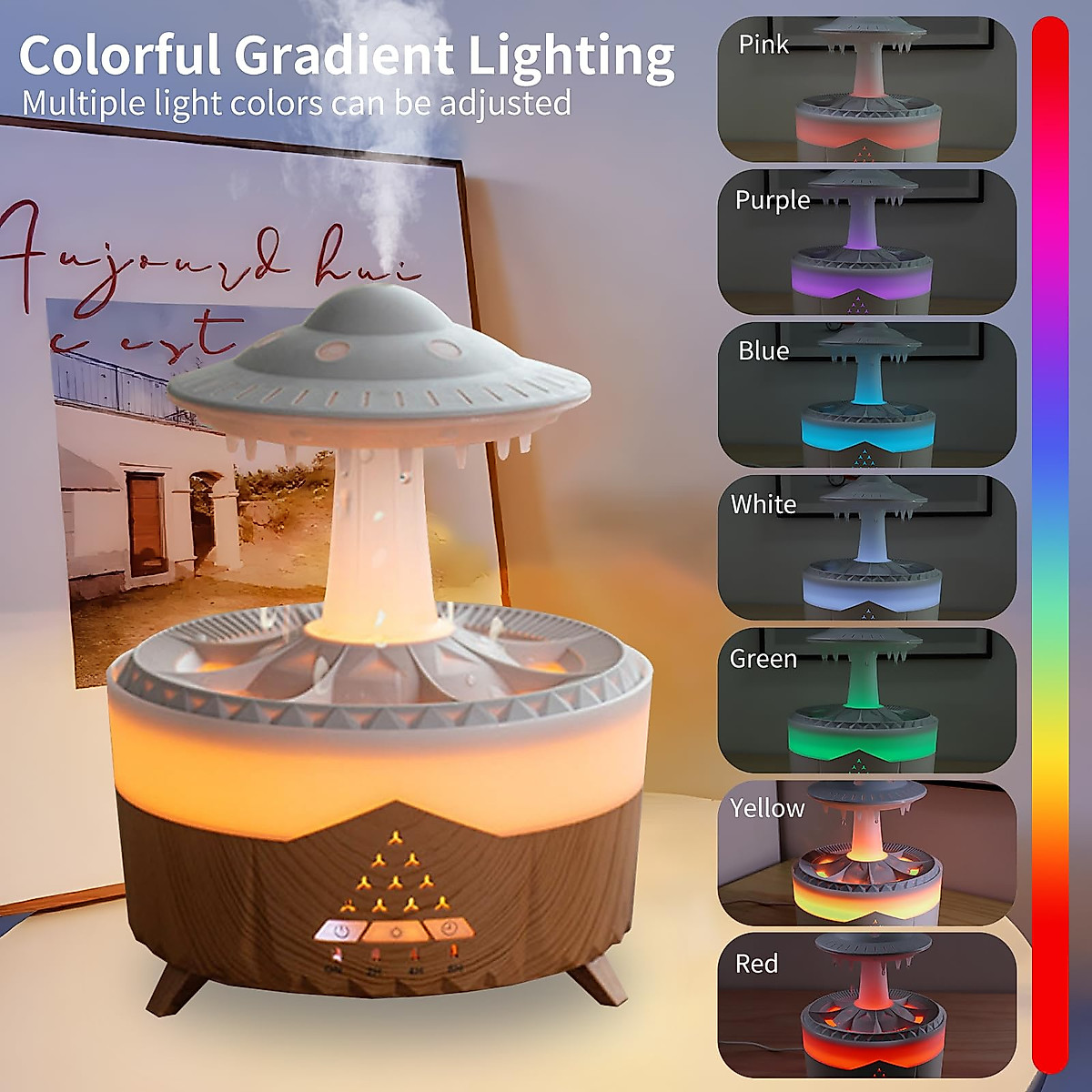 Rain Cloud Humidifier Water Drip, 7 Colors Night Rain Diffuser with Remote Control Timing, Mushroom Diffuser Lamp, Rain Sounds for Sleeping, Desk Fountain (Wood Grain)