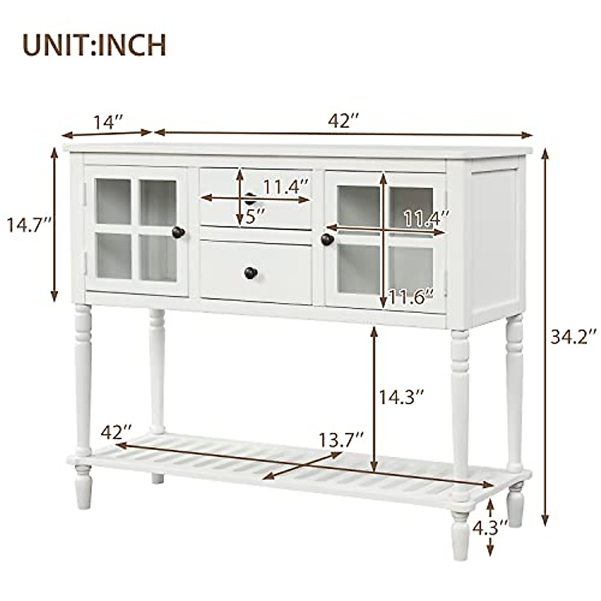 SEASD Sideboard Console Table with Bottom Shelf, Farmhouse Wood/Glass Buffet Storage Cabinet Living Room