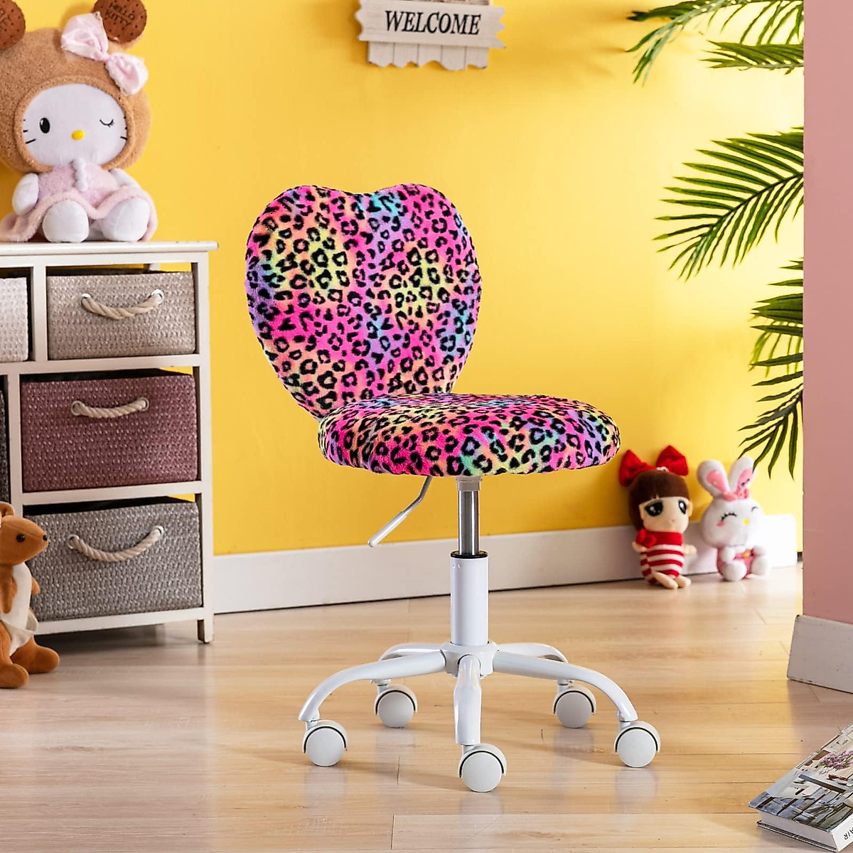 LZAREAL Cute Fuzzy Kids Chair for Teenage Girls Rolling Study Desk Student Chair Furry Computer Task Chair, Adjustable Heart Shaped Reading Vanity Chair for Bedroom, Leopard