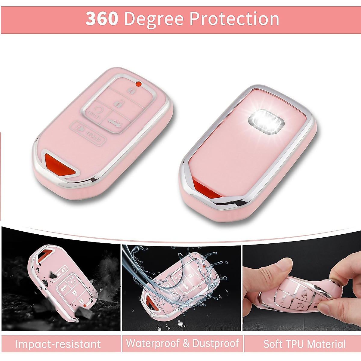Pangpai Pink Key Fob Cover for Honda, Soft TPU Key Case Protection with Bling Keychain Fit for Honda Accord Civic CRV Pilot Odyssey Smart Key Holder