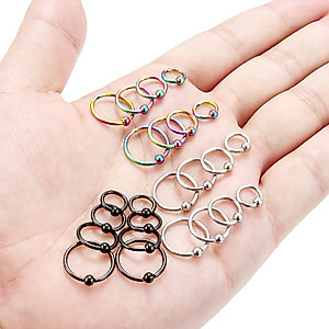 Ftovosyo Tragus Hoop Earrings Surgical Steel 16g Captive Bead Ring Lip Septum Hoops Body Piercing Jewelry for Women Men 24 Pieces 6mm 8mm 10mm 12mm Silver-tone Rainbow Black
