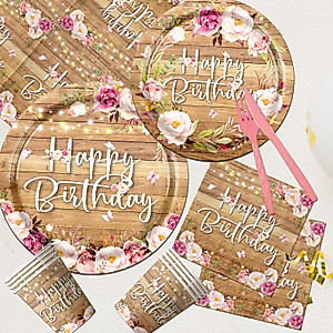 142Pcs Floral Birthday Party Plates Wood Grain Flower Tableware Set for Girls Kids Bridal Shower Party Supplies Rustic Wooden Birthday Paper Plates Napkins Forks Decorations for 20 Guests