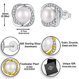 Pearl Earrings for Women Freshwater Cultured Pearl Stud Earrings 925 Sterling Silver Cubic Zirconia Stud Earrings for Mother Her (Silver)