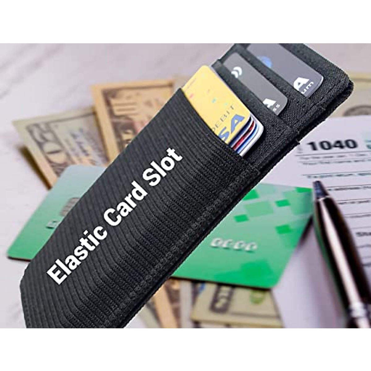 Walaufsti Slim Minimalist Wallet for Women Men, RFID Elastic Wallet for Front Pocket, Small Wallet with 1 Elastic Card Slot (Black)