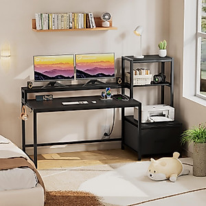 GreenForest Office Desk with Power Outlets and Printer Shelf, 59 inch Computer Desk with LED and Drawer, Reversible Gaming Desk with Storage for Home Study Working,Black