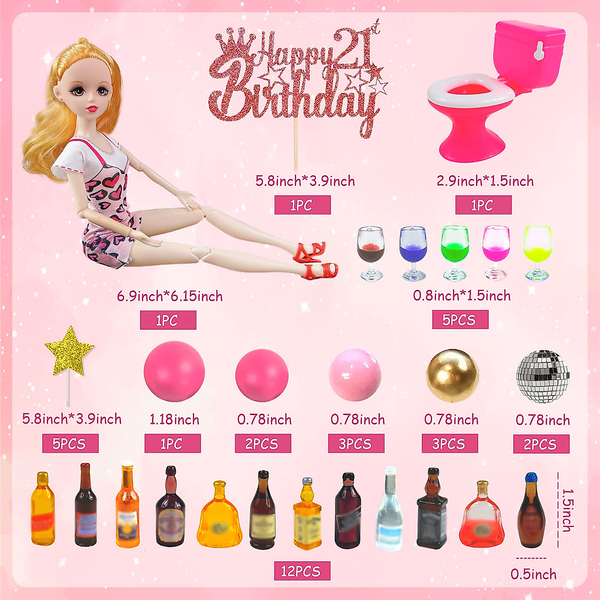 36 PCS Mini Wine Bottles Cake Toppers With 12 Mini Wine Bottles 5 Mini Wine Glasses 1Toilet Toy 1 Beauty Doll 21st Birthday Cake Topper for Celebrating Birthday Girl Party (Pink)