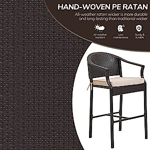 IJIALIFE Outdoor Wicker Bar Stools, 3 Pcs Patio Bar Height Bistro Chair Outdoor Patio Furniture Sets Wicker Conversation Set for Backyard Balcony Poolside,White