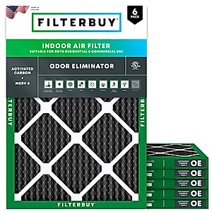 Filterbuy 20x25x1 Air Filter MERV 8 Odor Eliminator (6-Pack), Pleated HVAC AC Furnace Air Filters Replacement with Activated Carbon (Actual Size: 19.50 x 24.50 x 0.75 Inches)