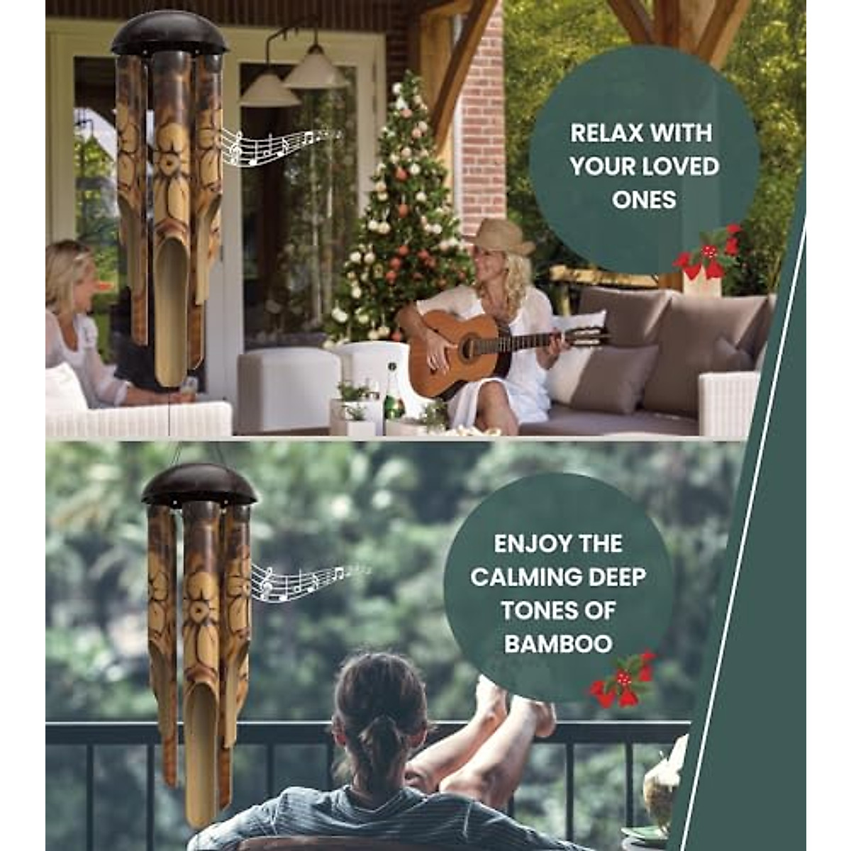 Nalulu Rustic Bamboo Wind Chimes - Outside Outdoor Wooden Windchimes, Medium, Floral Burned Design with Coconut Crown, Handcrafted with Calming Deep Tones, Home Decor Ideal Gift for Him & Her