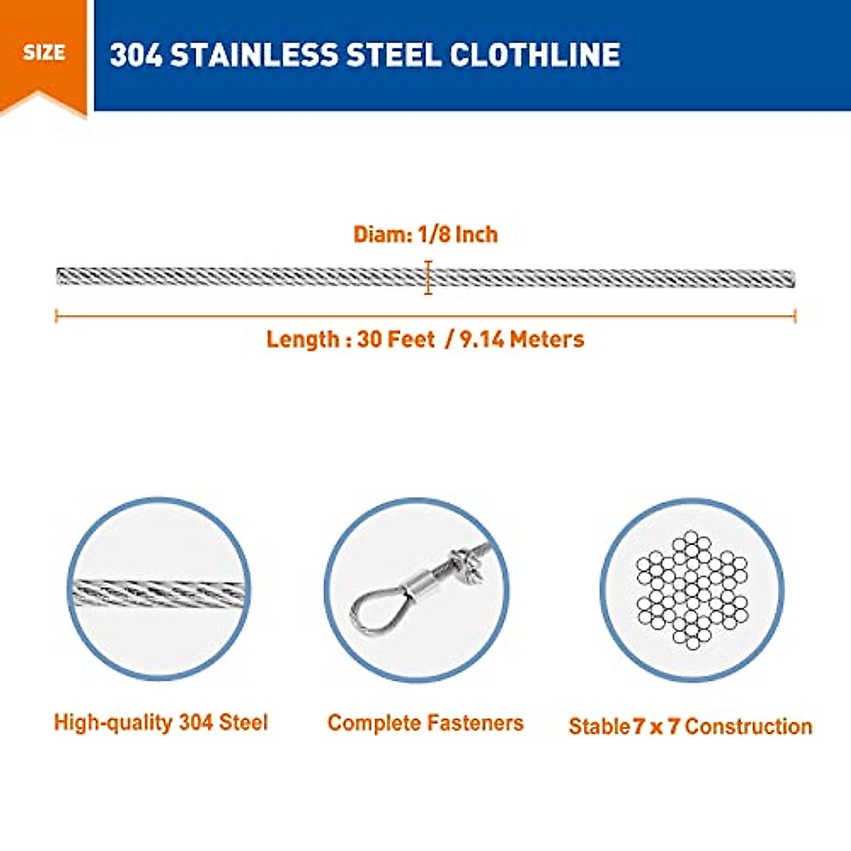 MAGZO Stainless Steel Clothesline Portable Detachable Laundry Wire Vinyl Coated Clothesline Wire Kit with Tightener System Hanging Rope Cable Set for Curtain/Car/Garage/Outdoor/Indoor/Travel (30FT)