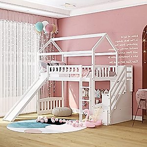 Merax Twin Loft Bed with Two Drawers and Slide, Wood House Bed with Roof and Guardrails for Boys & Girls (White)