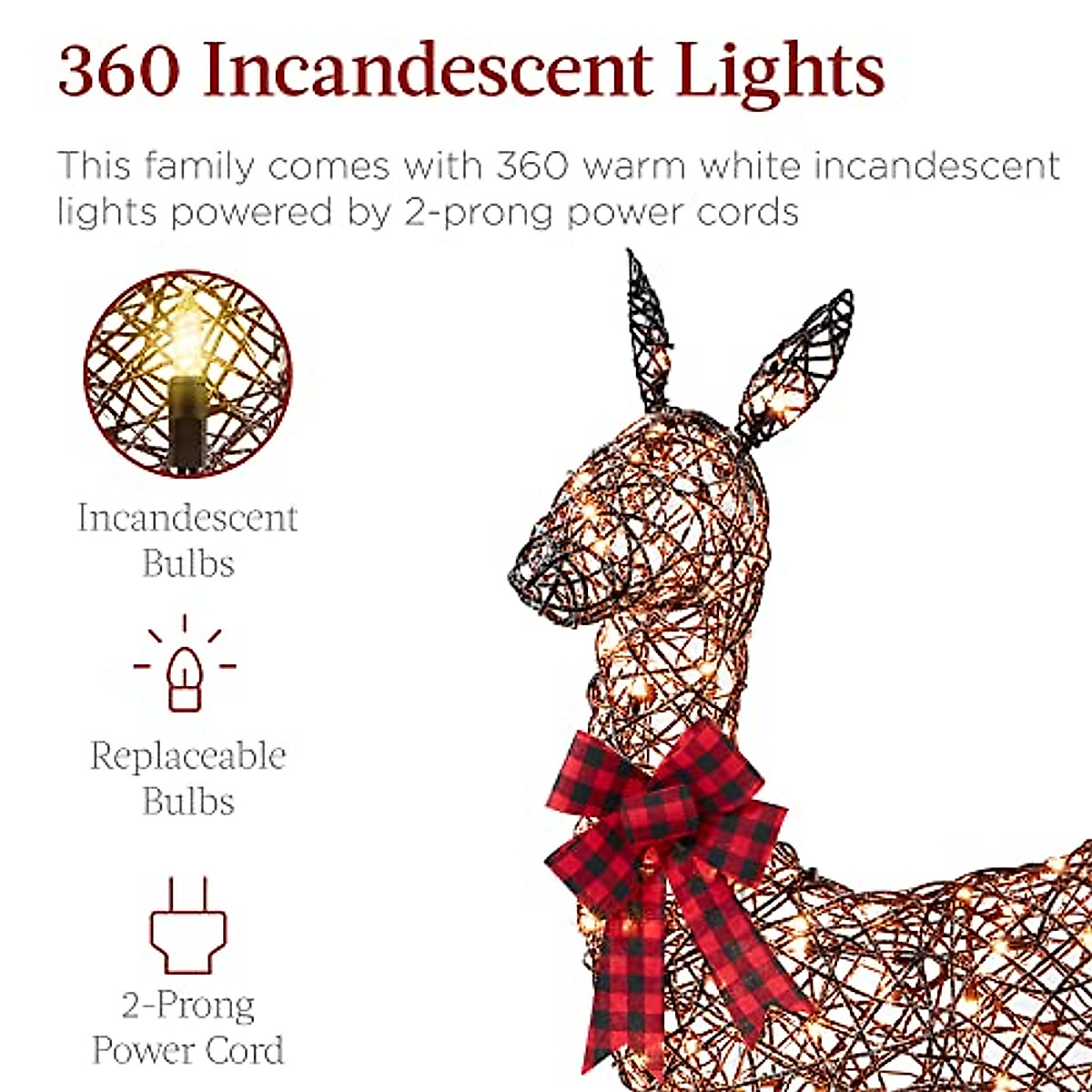 Best Choice Products 3-Piece Large Rattan Deer Family, Lighted Christmas Reindeer 5FT Outdoor Yard Decoration Set w/ 360 Incandescent Lights, Stakes, Zip Ties - Brown