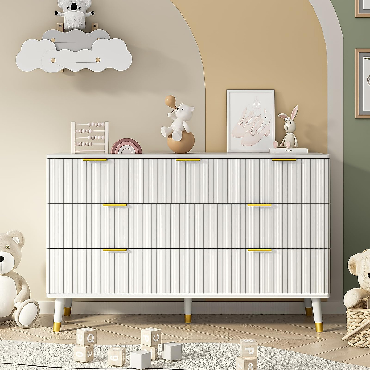 Tradare White Dresser for Bedroom, 7 Drawer Dresser with Gold Metal Handles, Wood Modern Dresser for Bedroom