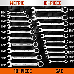 HORUSDY Ratcheting Combination Wrench Set, SAE & Metric, 20-piece, 1/4" to 3/4" & 6-18mm, CR-V Steel, with Carrying Case