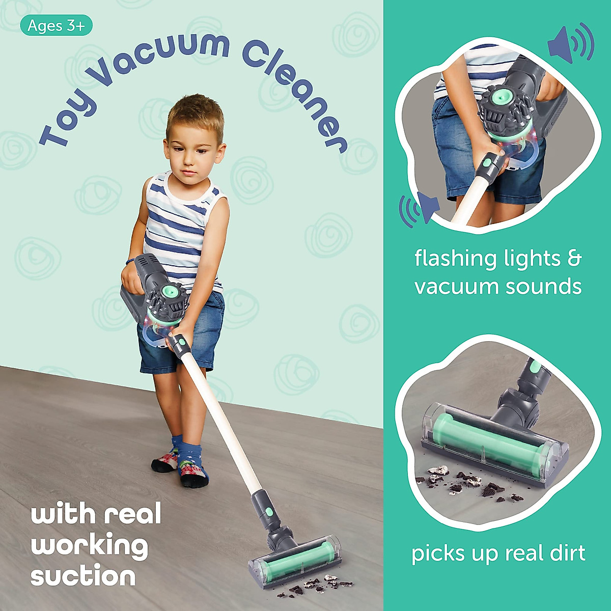 Kids Vacuum, Toy Vacuum Cleaner for Toddler with Lights & Sounds, Cord-Free Pretend Play Housekeeping Vacuum Toys with Working Suction, Great Gifts for Toddlers, Boys and Girls, Ages 3+