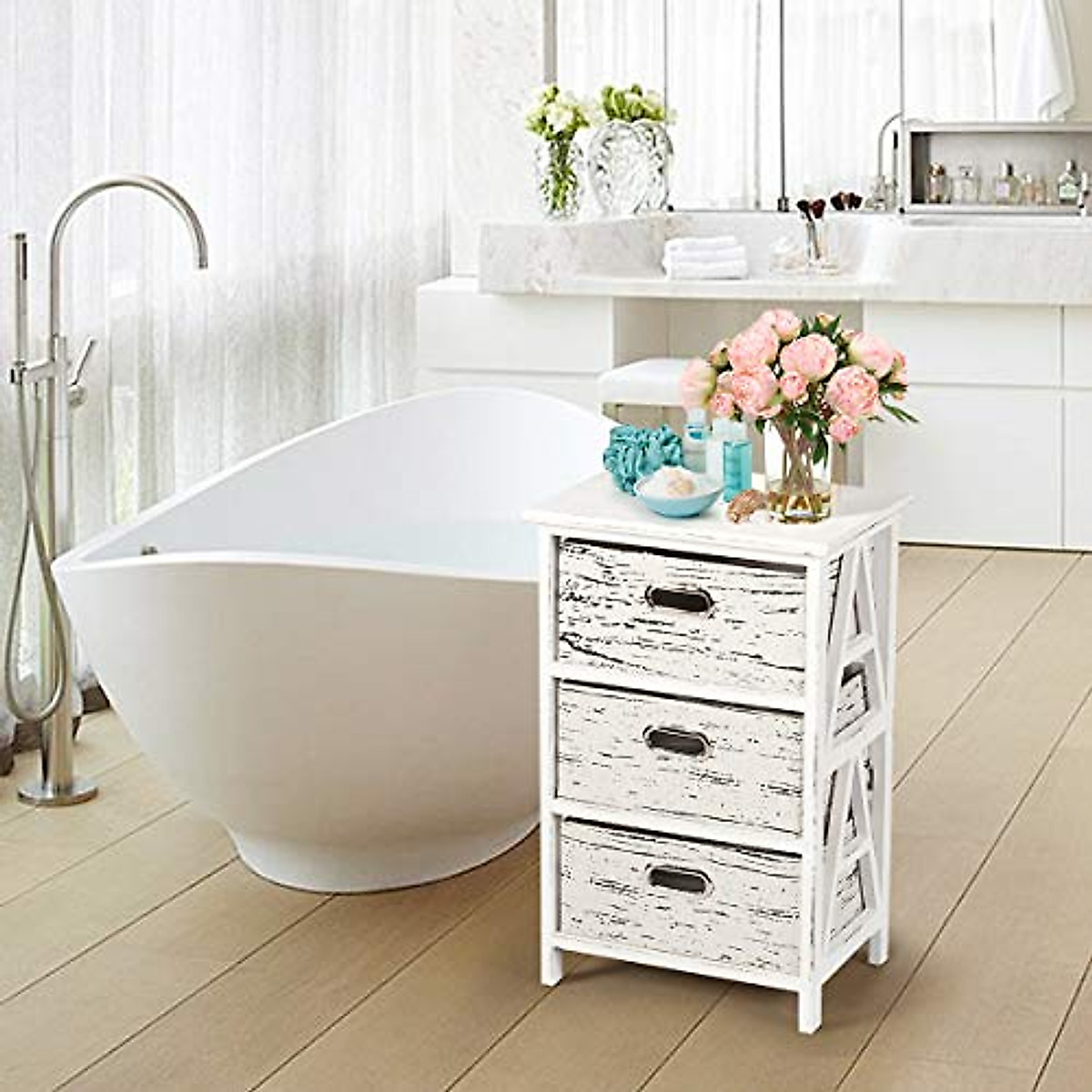 Giantex Storage Drawer Units W/ 3 Fabrics Storage Drawers and Wood Frame, Multiple Dresser Cabinet Chest Organizer Bins for Living Room, Bedroom Sofa Side End Table Vertical Dresser Storage Tower (1)