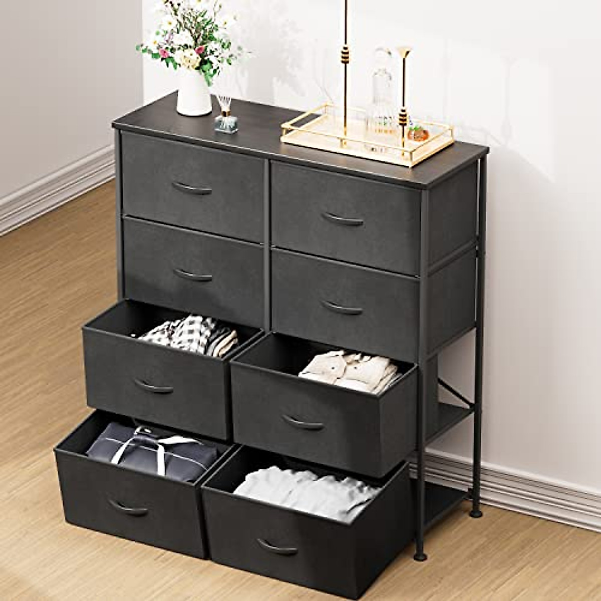 Devoko Dresser for Bedroom with 8 Drawers, Wide Chest of Drawers with Fabric Bins, Storage Organizer Unit with Steel Frame and Wooden Top for Living Room, Closets, TV Stand,Hallway and Entryway