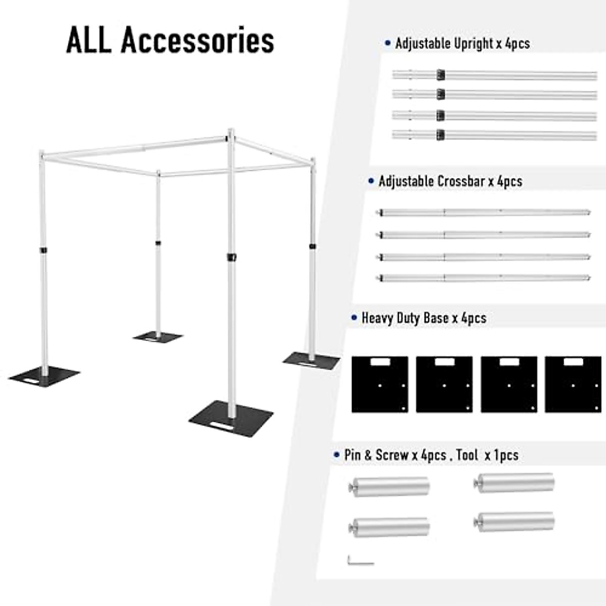 Hecis Portable Backdrop Stand with Crossbar, Adjustable Pipe and Drape Backdrop Kit for Event， Party, Trade Shows and Wedding Decor, 10FT Square Backdrop Frame