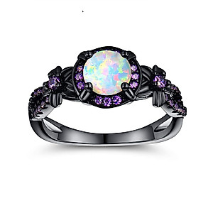 18K Black Gold Plated White Fire Opal Rings for Women October's Birthstone Gemstone Created Amethyst Eternity Wedding Engagement Promise Band (10)