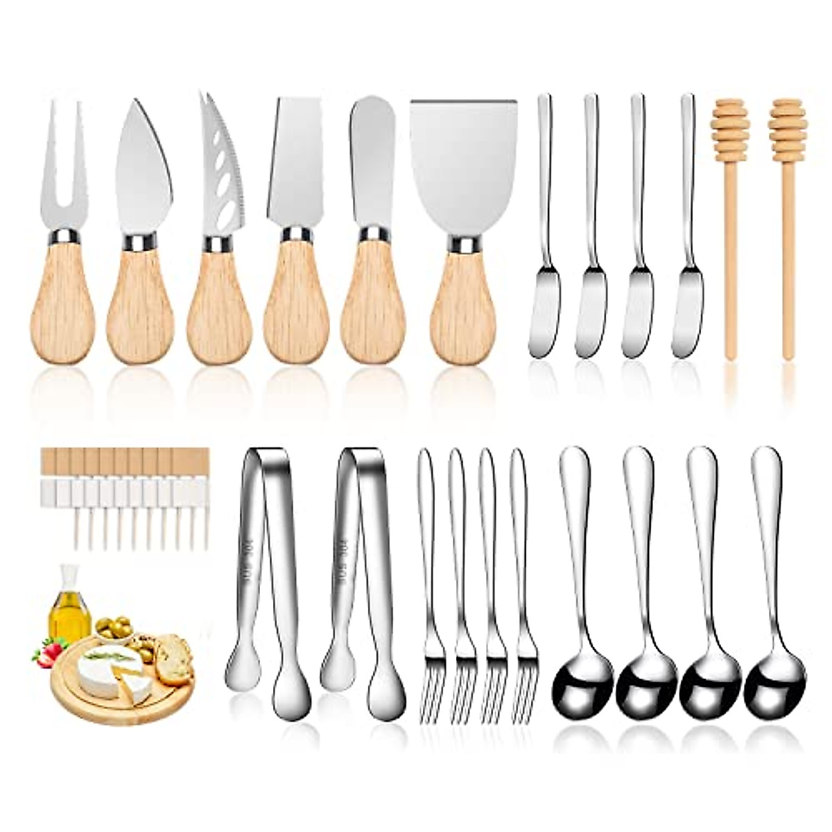 LifeMusican Wooden Cheese Spreader Knive Set,Wood Handle Butter knives For Cheese Charcuterie Board Accessories Kit, Mini Cheese Knife Slicer With Tongs, Spoons, Forks,Honey Dipper (23 Pack)