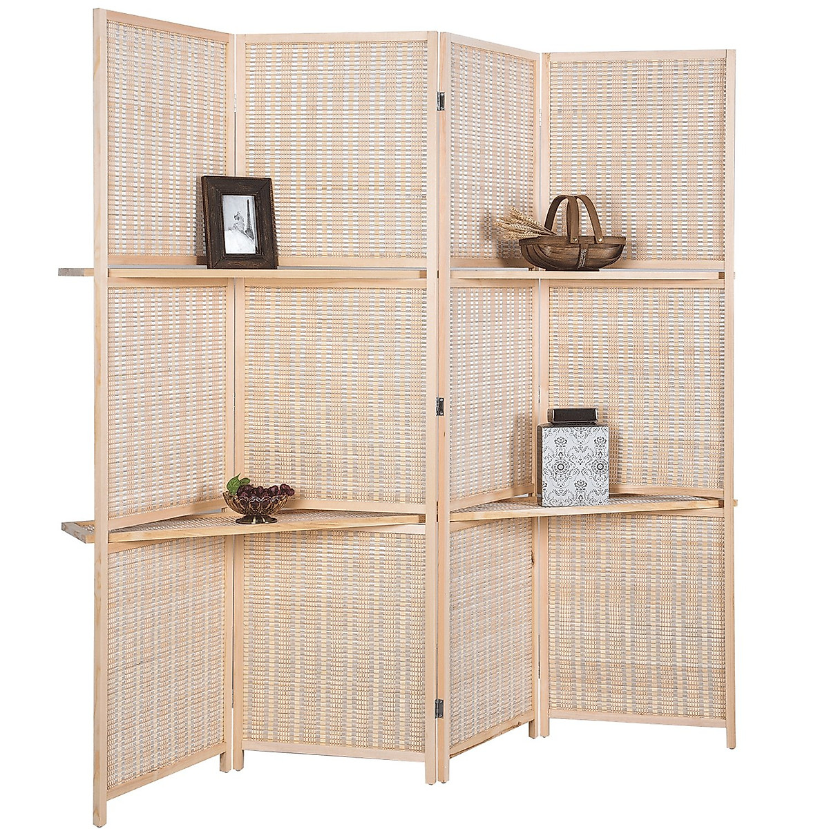 RHF 6 ft Tall (Extra Wide) Beige Woven Bamboo Room Divider&Room dividers and Folding Privacy Screens,Partition Wall, with 2 Display Shelves&Room Divider with Shelves-Bamboo -4 Panels 2 Shelves