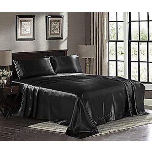 Satin Sheets Queen [4-Piece, Black] Hotel Luxury Silky Bed Sheets - Extra Soft 1800 Microfiber Sheet Set, Wrinkle, Fade, Stain Resistant - Deep Pocket Fitted Sheet, Flat Sheet, Pillow Cases