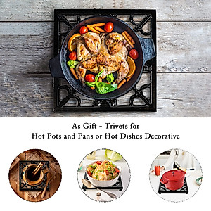 Square Cast Iron Trivet for Kitchen Countertop，Recycled Metal Heat Resistant Trivets with Rubber Pegs，Rustic Decorative Trivet for Hot Dishes Pot Pan Teapot for Kitchen Dining Table, Black