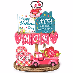 Mother's Day Centerpiece Table Decorations Happy Mother's Day Party Centerpieces Wooden Table Signs Thank You Mom Tiered Tray Decor Flower Heart Mom Party Supplies for Mother's Gift