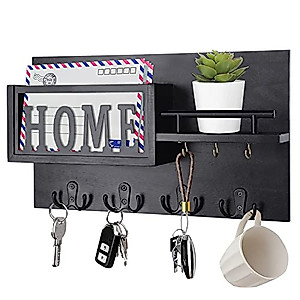 WYTAOHZL Key Holder for Wall Mail Organizer Shelf 4 Double Key Hooks Decorative Black Key and Mail Rack Mail Key Holder for Wall Metal Home Stylish Design 14.6"x8.7"x2.6"