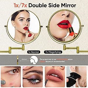 GURUN 8-Inch Double-Sided Wall Mount Makeup Mirror Antique Satin Brass with 7X Magnification Bathroom Mirror for Hotel Antique Satin Brass M1406K(8in,7X)