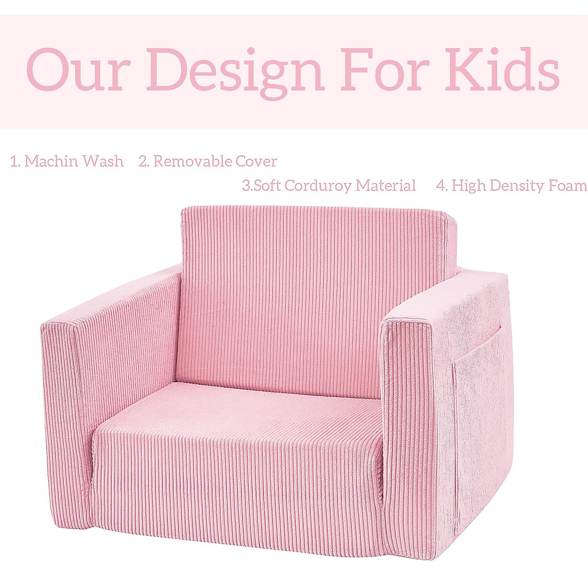 Kids Folding Sofa Chair Couch Foam Filled Lounge Toddler Chair Couch Cuddly Corduroy Comfy Bean Bag Chair Couch for Boys and Girls Pink 1-4T