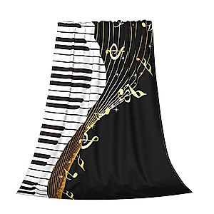 Piano Keys Blanket for Bed Couch Sofa,Black and White Piano Keys and Golden Music Notes Throw Blanket,Soft Cozy Plush Warm Fuzzy Musical Instrument Blanket,Music Gift for Music Lover 60"X50"