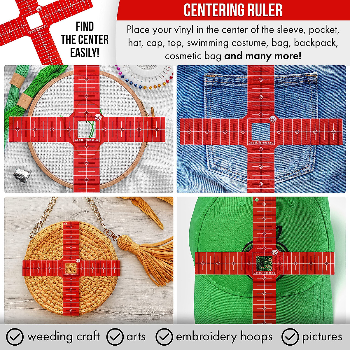 Good Life Ideas Tshirt Ruler Guide for Vinyl Alignment - T-Shirt Measurement Tool Heat Press to Center Designs, Easy tee Centering Tool, t Shirt aligning kit 7pcs, Red, Gray, White, Black, 12, Large