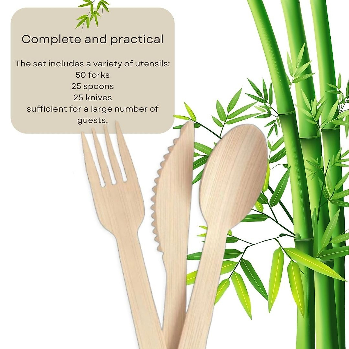 Generic Disposable Bamboo Utensils, 100 Pack | 100% Bamboo Cutlery NOT Wooden Cutlery | Eco-Friendly Compostable Cutlery | 50 Bamboo forks, 25 Knives, 25 Spoons, small